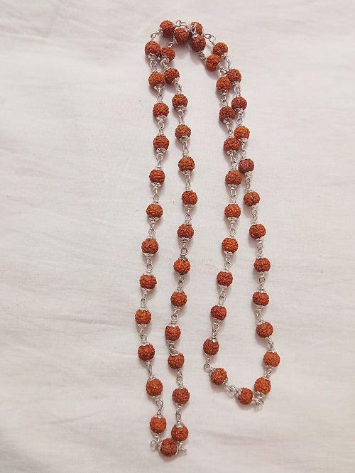 Rudraksha Mala in Silver Flower Cap -25 inch Lenth