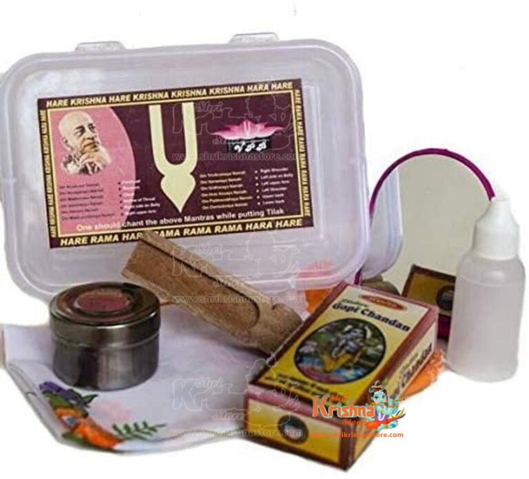 The travel set includes gopi chandan, tilak stamp, mirror, bottle