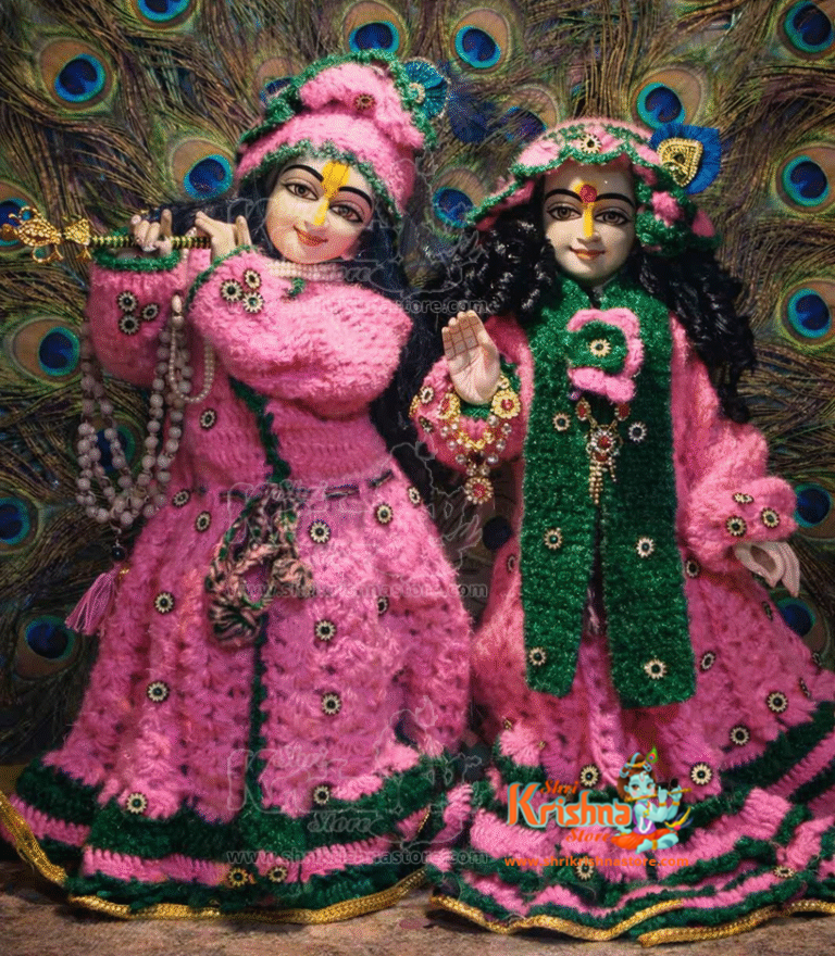 Radha Krishna woolen pink green dress - shrikrishnastore.com